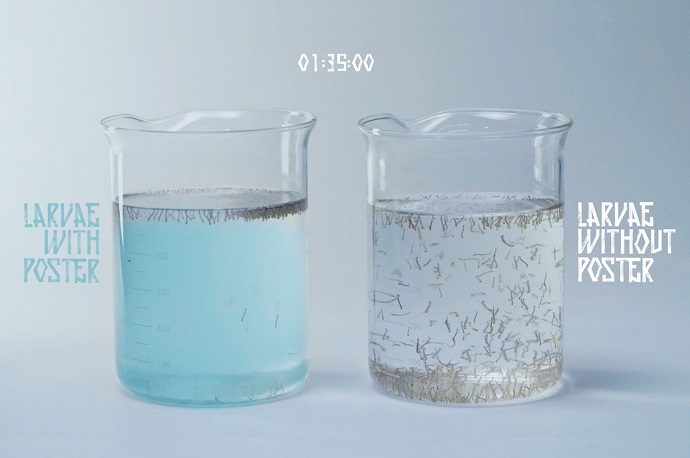 Poster Dissolves into Mosquito Trap in Rain